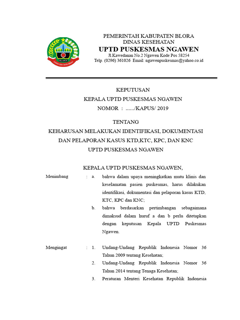 SK Keharusan Melakukan Identifikasi, Dokumentasi Dan Pelaporan Kasus KTD, KPC, Dan KNC | PDF