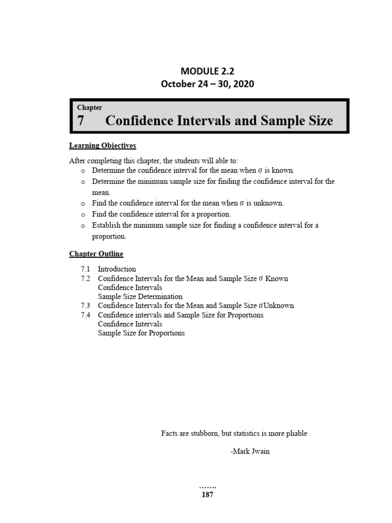 MATH 121 (Chapter 7) - Confidence Interval & Sample Size | PDF