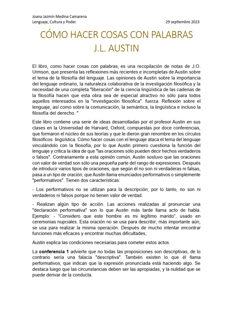 Cómo Hacer Cosas Con Palabras J.L. Austin | PDF Cómo Hacer Cosas Con Palabras J.L. Austin | PDF