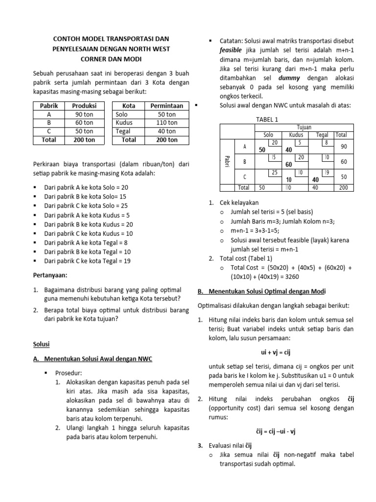 Model Transportasi dan Solusi Optimal | PDF