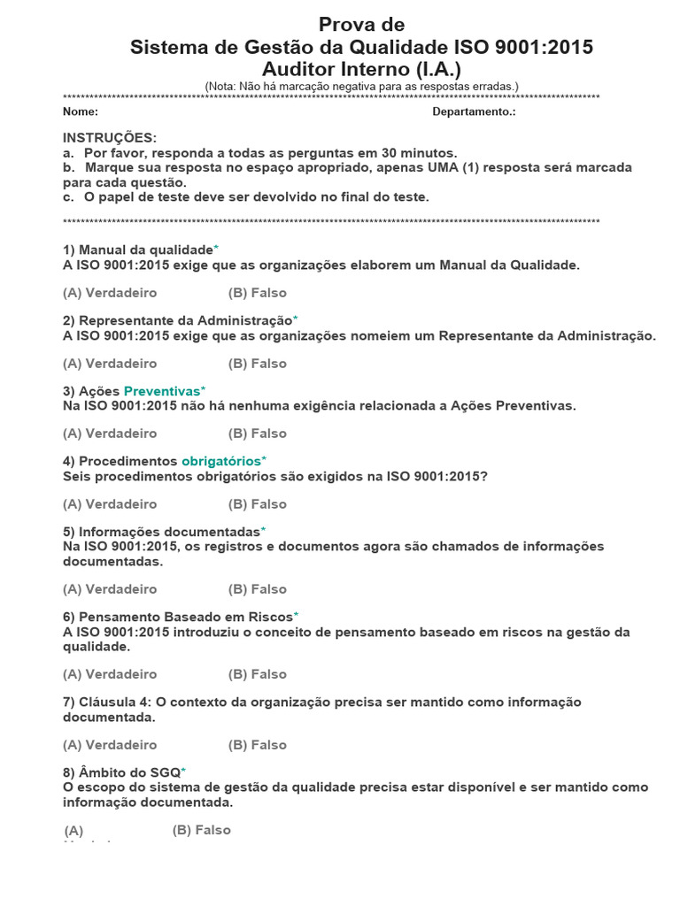 Exame do Auditor Interno do Sistema de Gestão da Qualidade ISO 9001-2015 | PDF | Auditoria ...