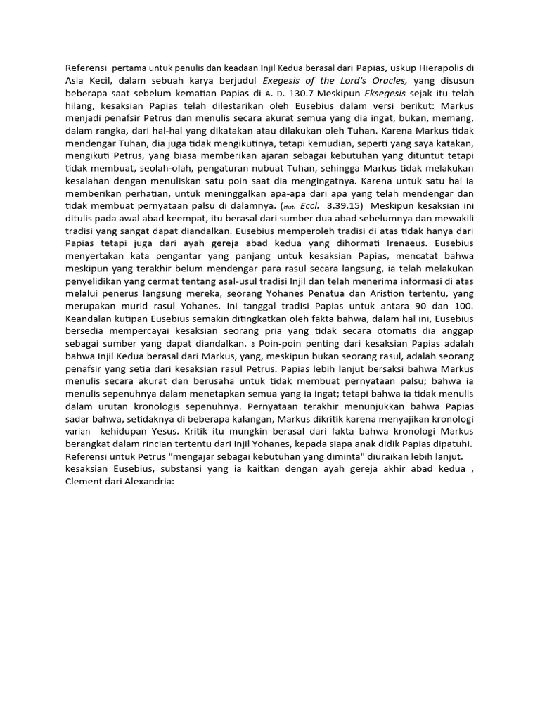 Referensi Pertama Untuk Penulis Dan Keadaan Injil Kedua Berasal Dari ...