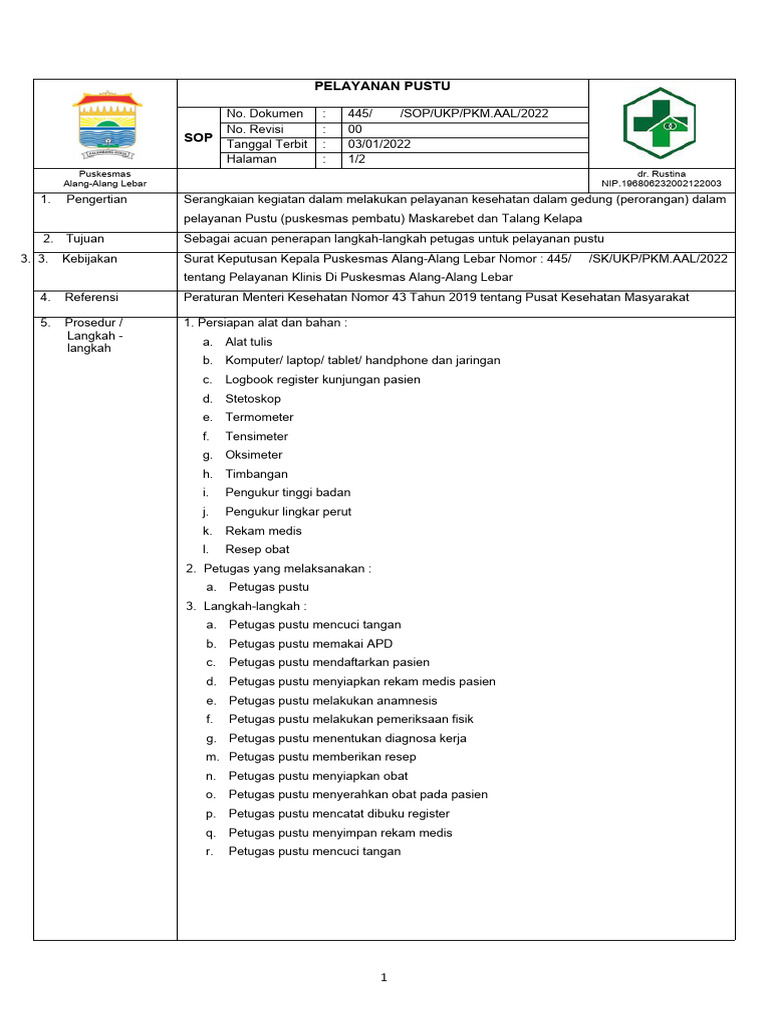 2022 Sop Pelayanan Pustu | PDF