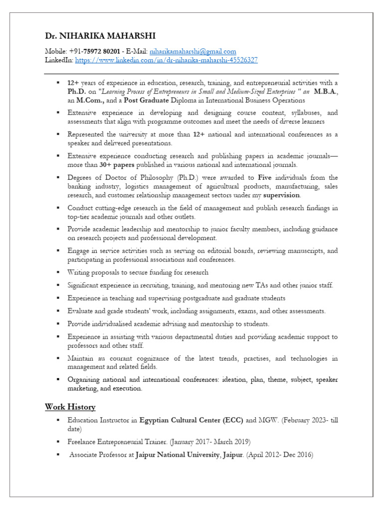 DR Niharika Maharshi Sharma Resume | PDF | Mentorship | Entrepreneurship