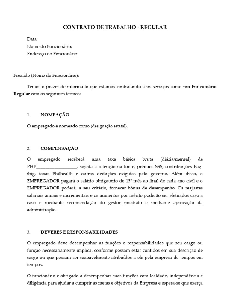 Exemplo de contrato de trabalho regular | PDF | Emprego | Salário