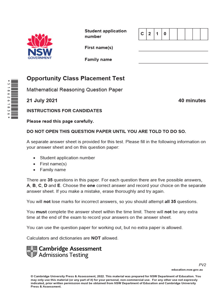 OC21 Maths Practice Test Questions | PDF | Length | Area