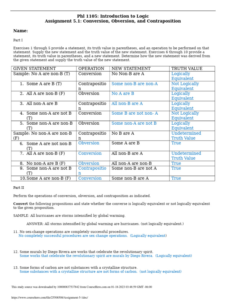 PHL 1105: Introduction To Logic Assignment 5.1: Conversion, Obversion, and Contraposition Name | PDF