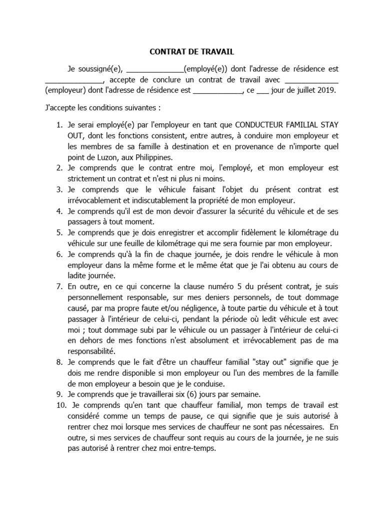 Contrat de Travail - Chauffeur Familial | PDF Contrat de Travail - Chauffeur Familial | PDF