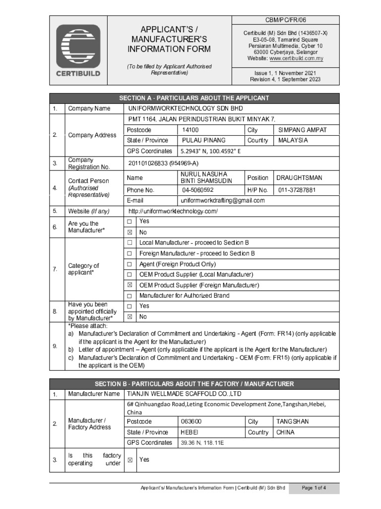 CBM PC FR 06 - Applicant's Manufacturer's Information Form | PDF CBM PC FR 06 - Applicant's Manufacturer's Information Form | PDF