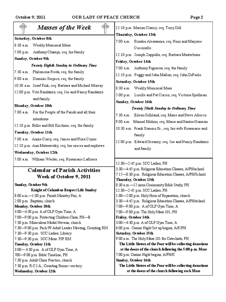 Masses of The Week: Calendar of Parish Activities | Download Free PDF ...
