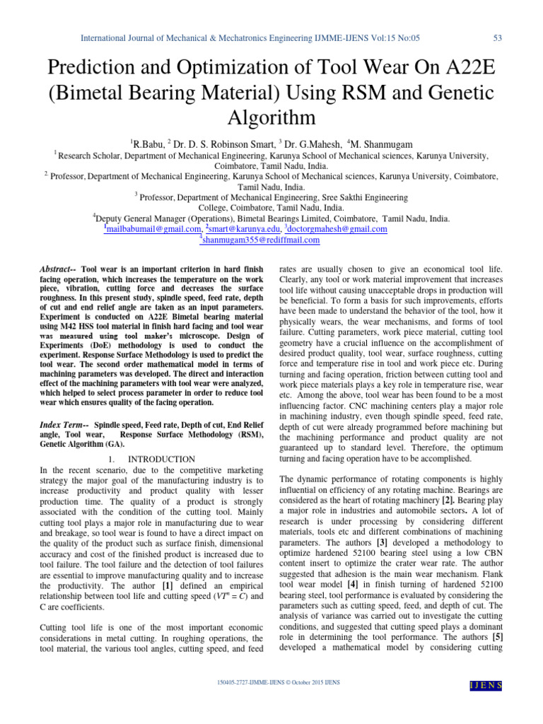 Prediction and Optimization of Tool Wear On A22E (Bimetal Bearing Material) Using RSM and ...