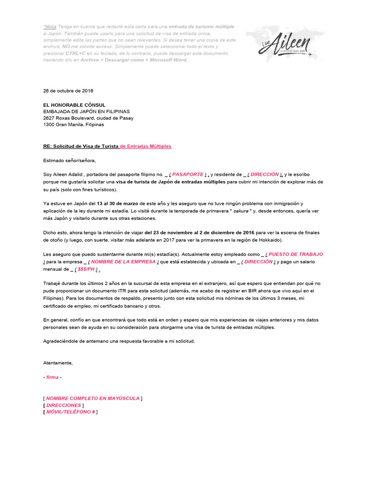 Modelo de Carta de Presentación A La Embajada de Japón (Por iAmAileen - Com) PDF | PDF | Visa de ...