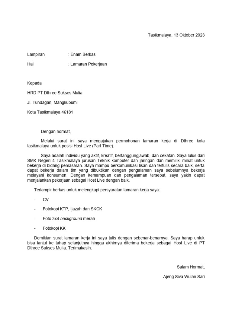 Contoh Surat Lamaran Kerja S1 | PDF