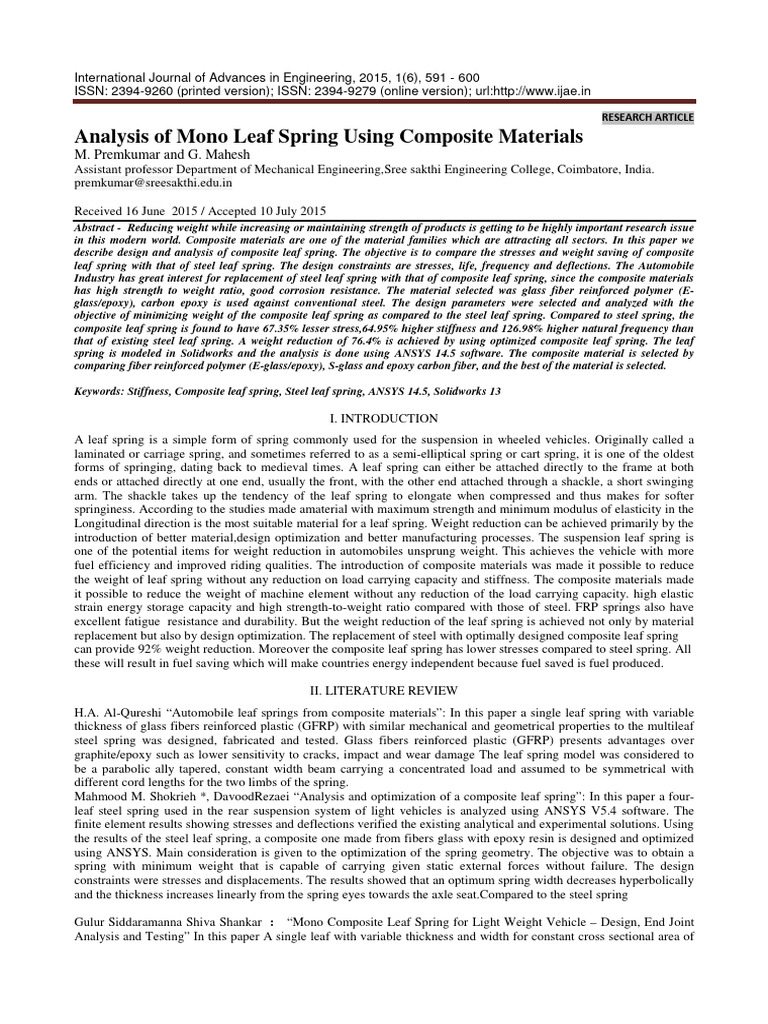 Analysis Of Mono Leaf Spring Using Composite Materials Pdf
