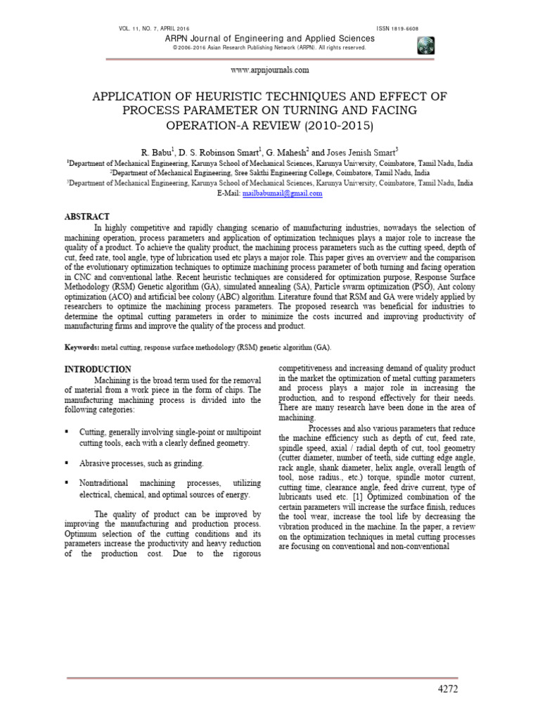 Application of Heuristic Techniques and Effect of Process Parameter On ...