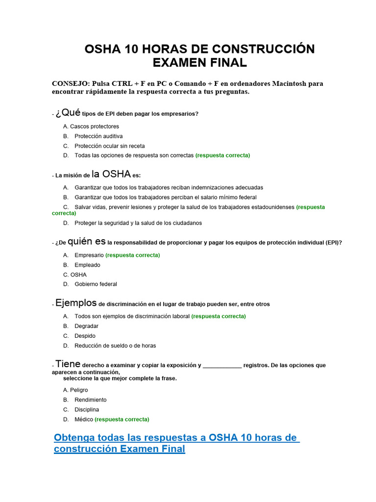 Clave de Respuestas Del Examen Final de Construcción OSHA 10 | PDF