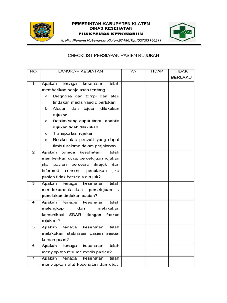 CHECKLIST PERSIAPAN PASIEN RUJUKAN | PDF