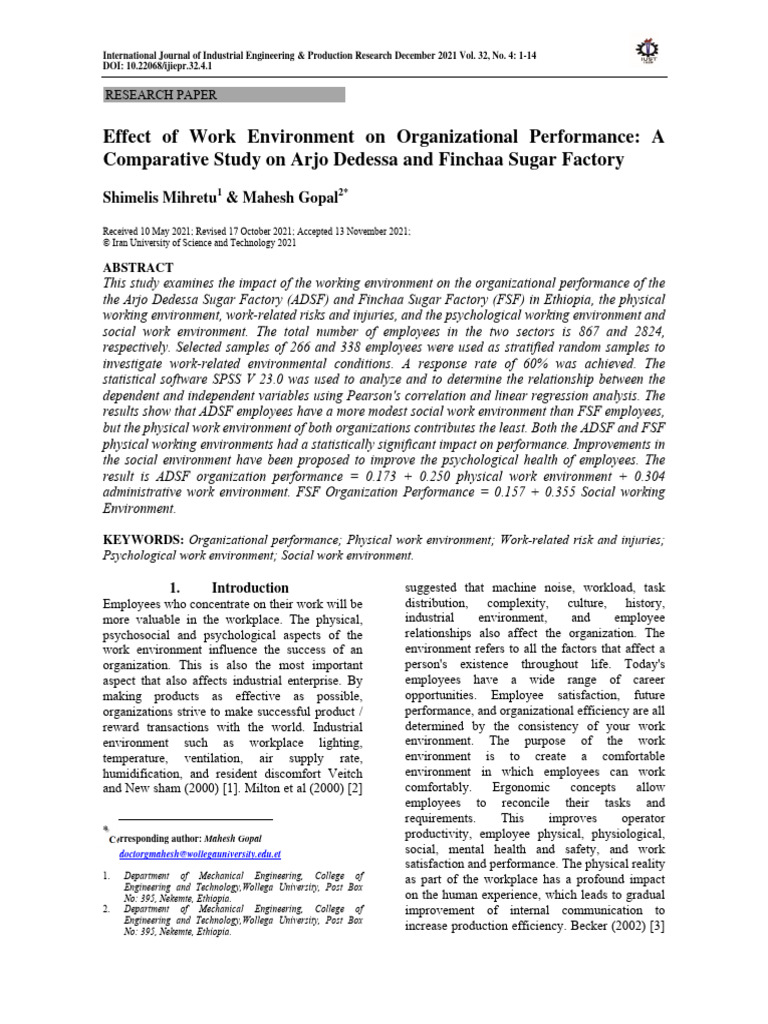 Effect of Work Environment on Organizational Performance | PDF | Job ...