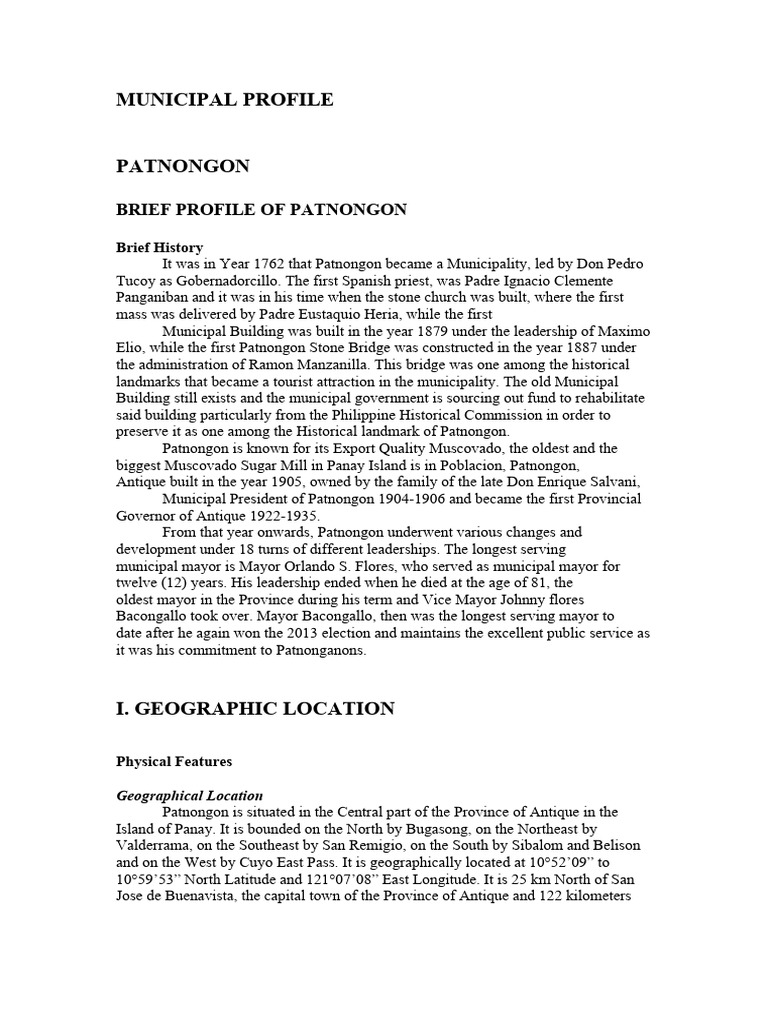 Municipal Profile (Patnongon, Sibalom, Belison) | PDF