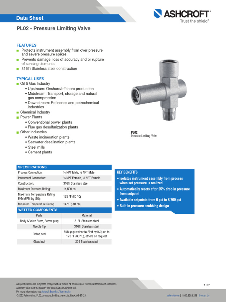 Datasheet Pressure Limiting Valve pl02 | PDF | Valve | Industrial Processes