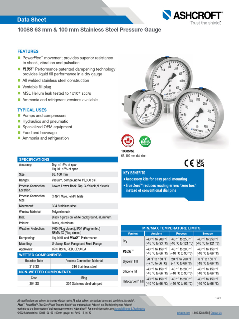 Datasheet 1008s 60 100 Stainless Steel Pressure Gauge | PDF ...