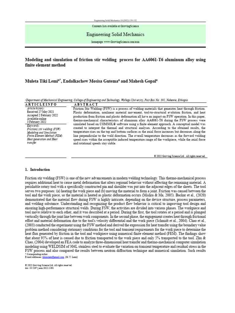 Modeling And Simulation Of Friction Stir Welding Process For Aa6061 T6