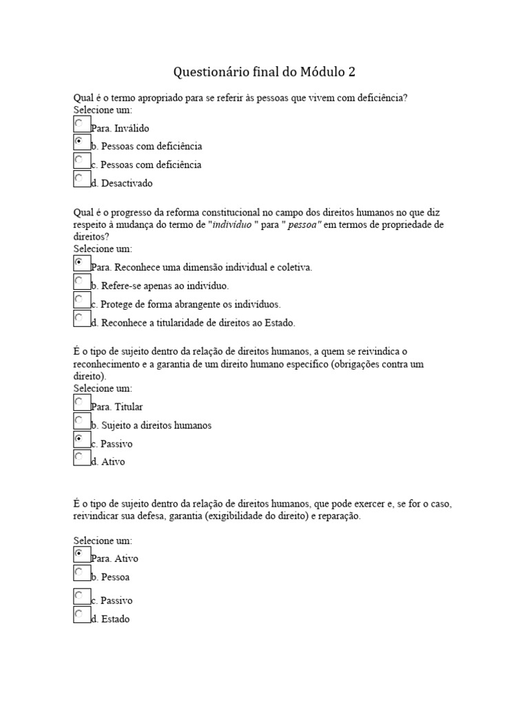 Questionário Final Do Módulo 2 | PDF | Direitos Humanos | Humano