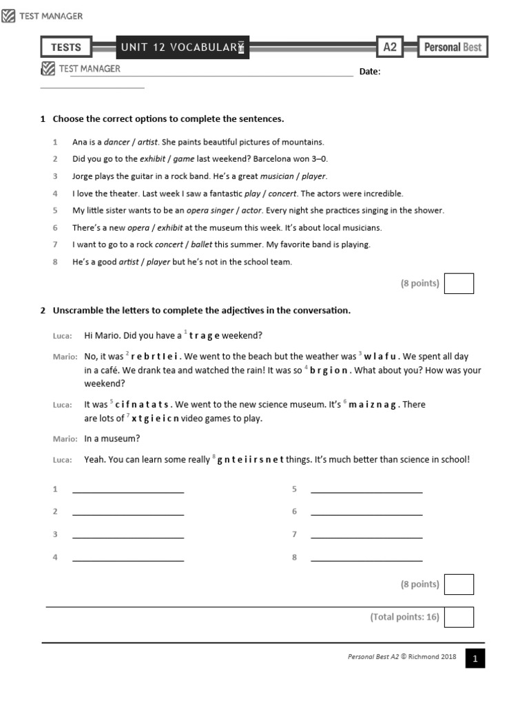 Personal Best A2 Unit 12 Vocabulary Test | PDF | Performing Arts