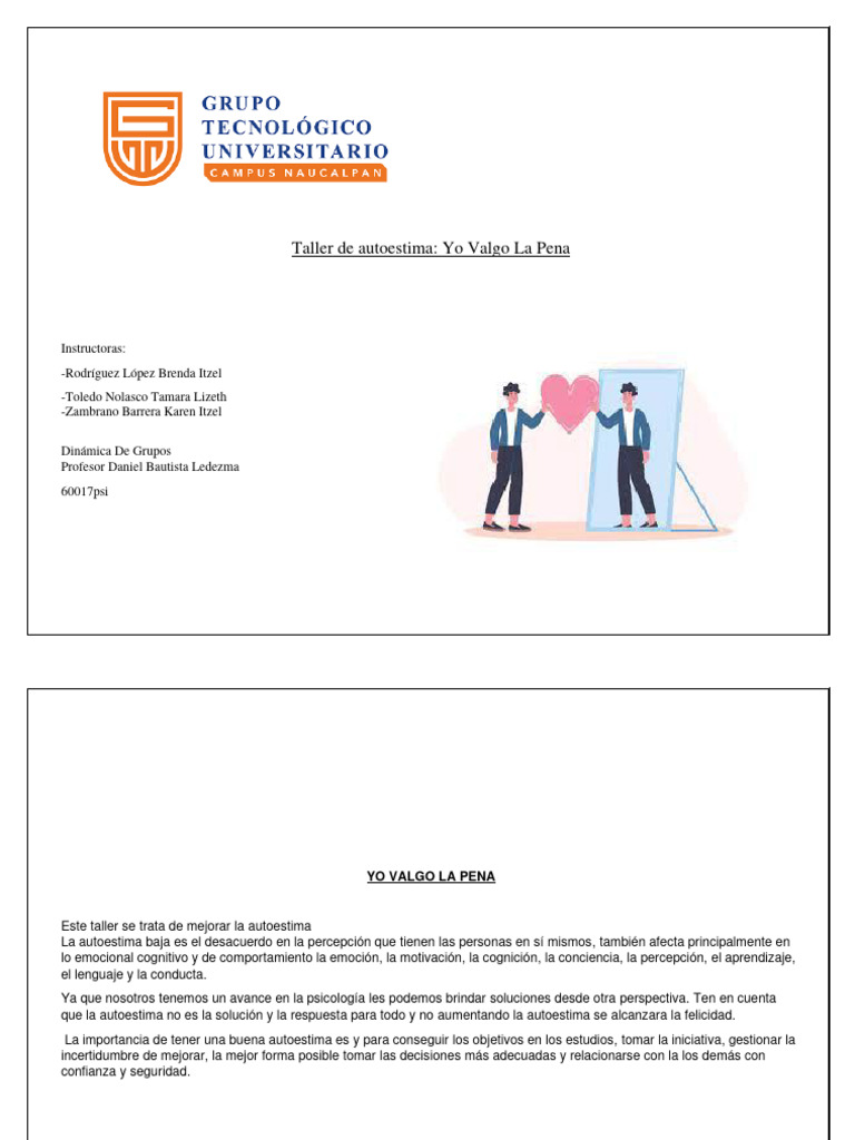 Taller Yo Valgo La Pena Dinamicas de Grupo. | PDF | Autoestima | Sicología