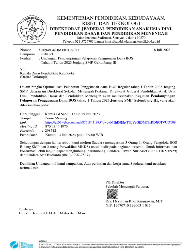 Surat Undangan Dinas Pendidikan | PDF