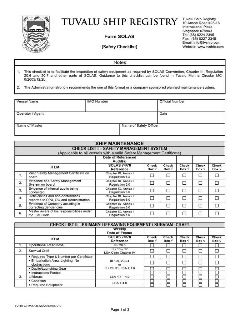 SOLAS Safety Equipment Checklist | PDF