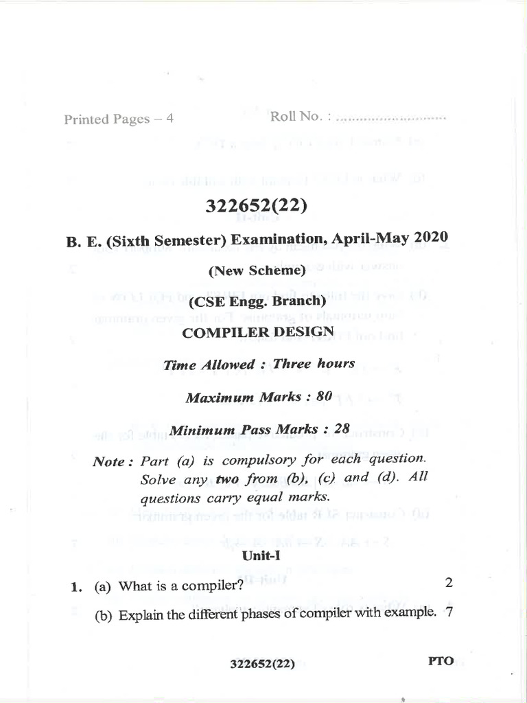 Be Cse 6 Sem Compiler Design 322652 May 2020 | PDF