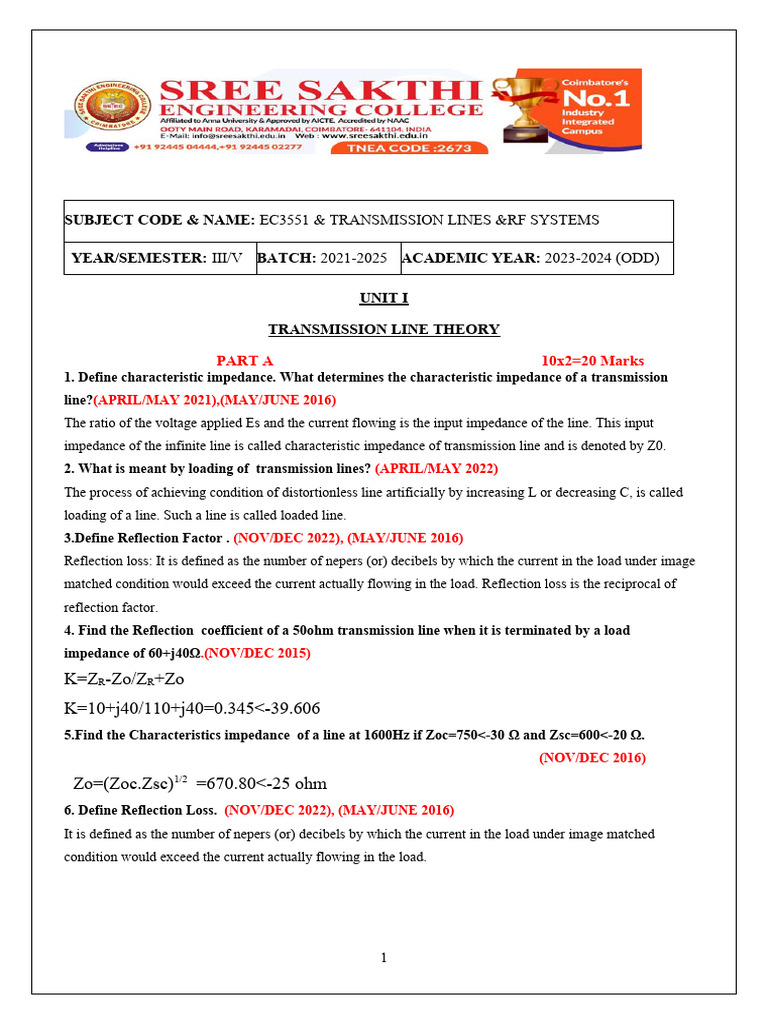 Ec3551 TLRF Unit-1 QB | PDF | Transmission Line | Telecommunications Engineering