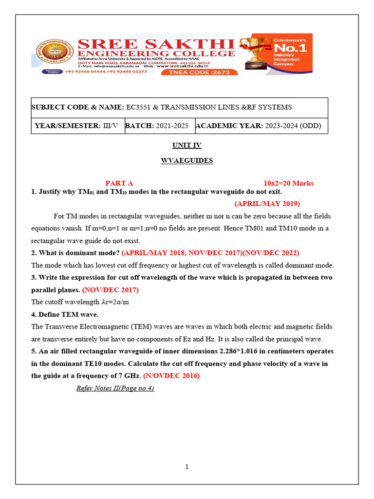 Ec3551 TLRF Unit-4 QB | PDF | Waveguide | Waves