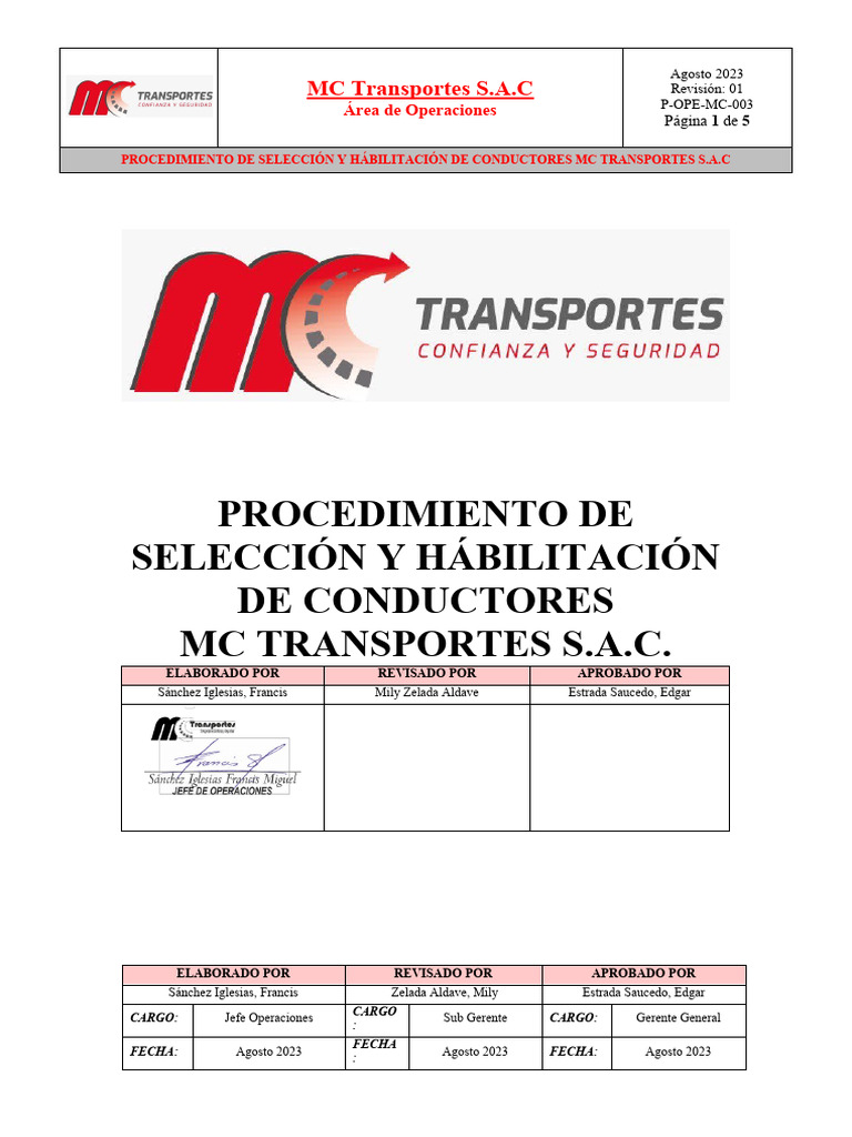 Procedimiento de Seleccion y Habilitación de Conductores | PDF