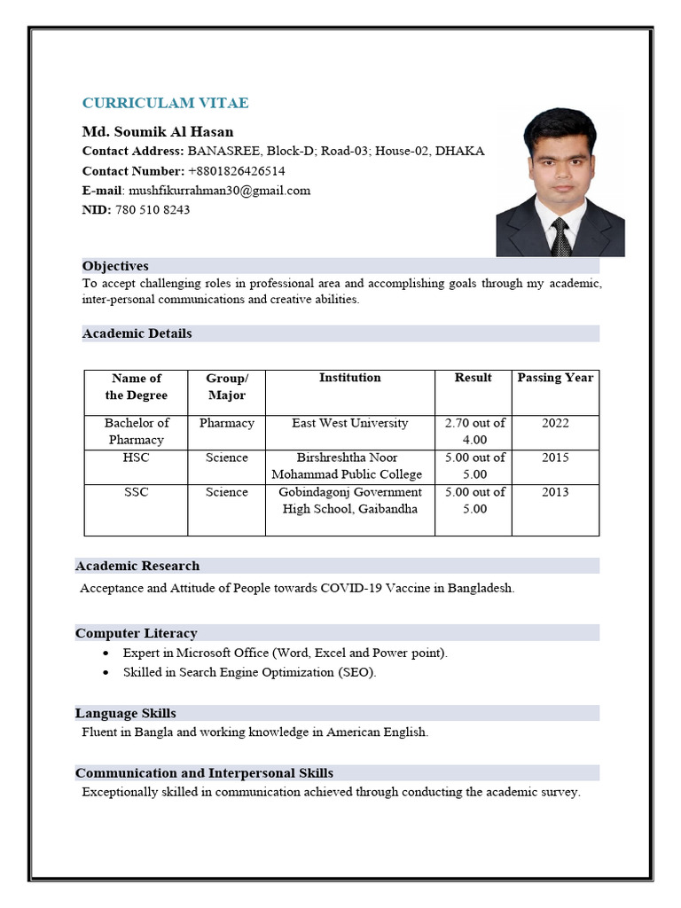 Md. Soumik Al Hasan - Pharmacy CV | PDF | Wellness