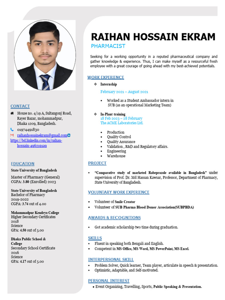 CV of Raihan Hossain .01 | PDF | Health Care | Pharmaceutical Sciences