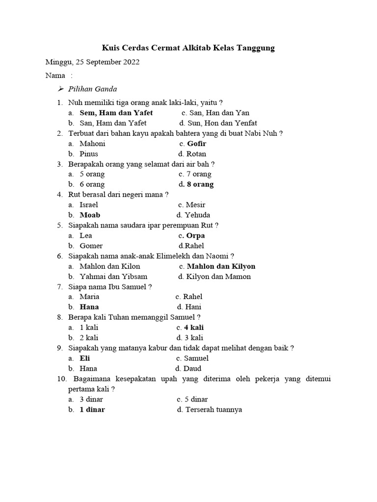 Kuis Cerdas Cermat Alkitab Anak | PDF | Agama & Spiritualitas
