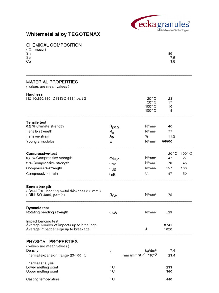 Datasheet TEGOTENAX, GB (Equal ASTM B23-Gr2) | PDF