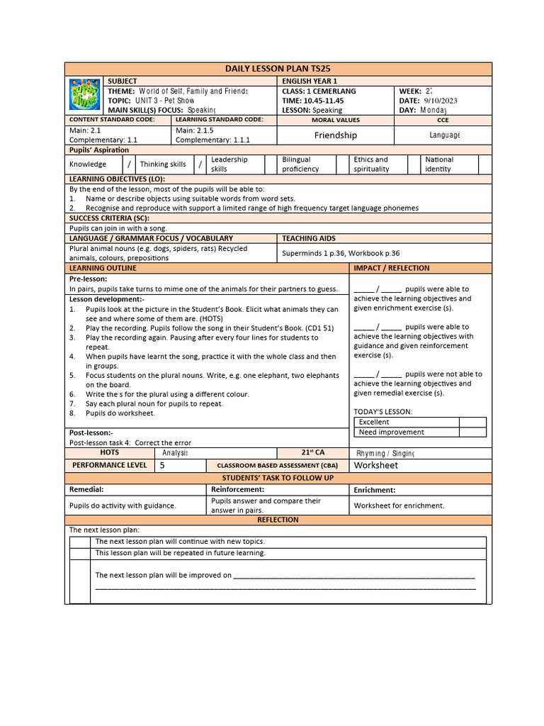 English Year 1 Monday | PDF