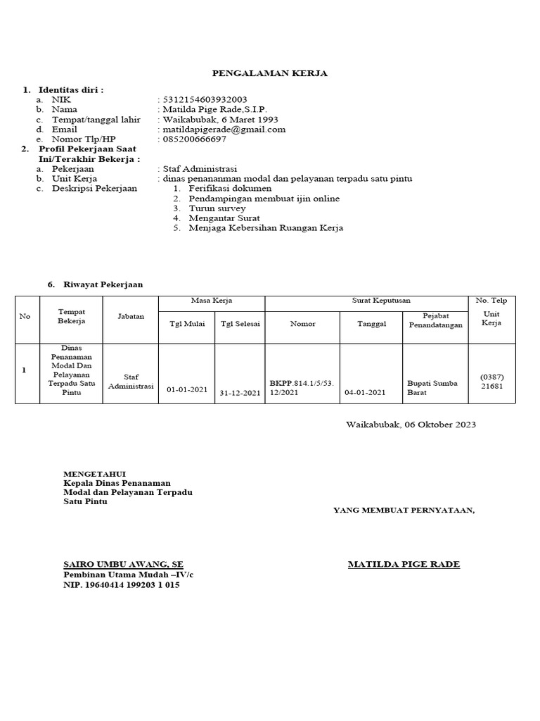 Pengalam Kerja Ayu Oke | PDF