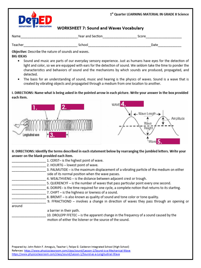 G8-W4 WS1 Sound and Waves Vocabulary | PDF | Sound | Waves