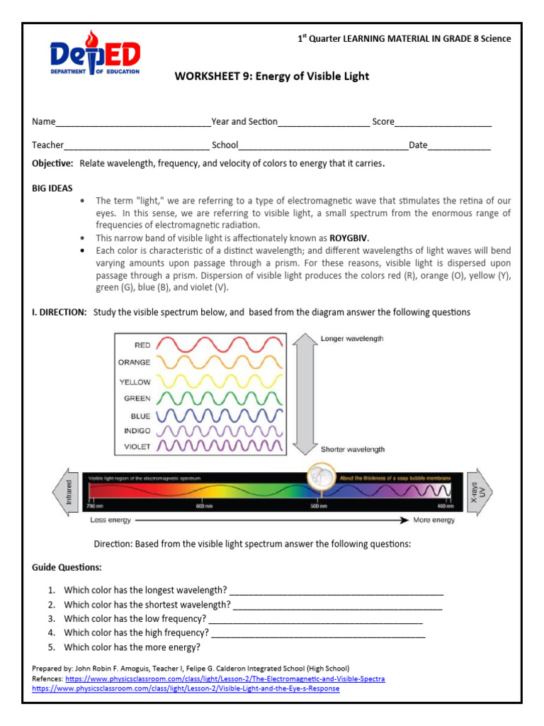 Grade 8 Visible Light Energy Worksheet | PDF | Light | Color