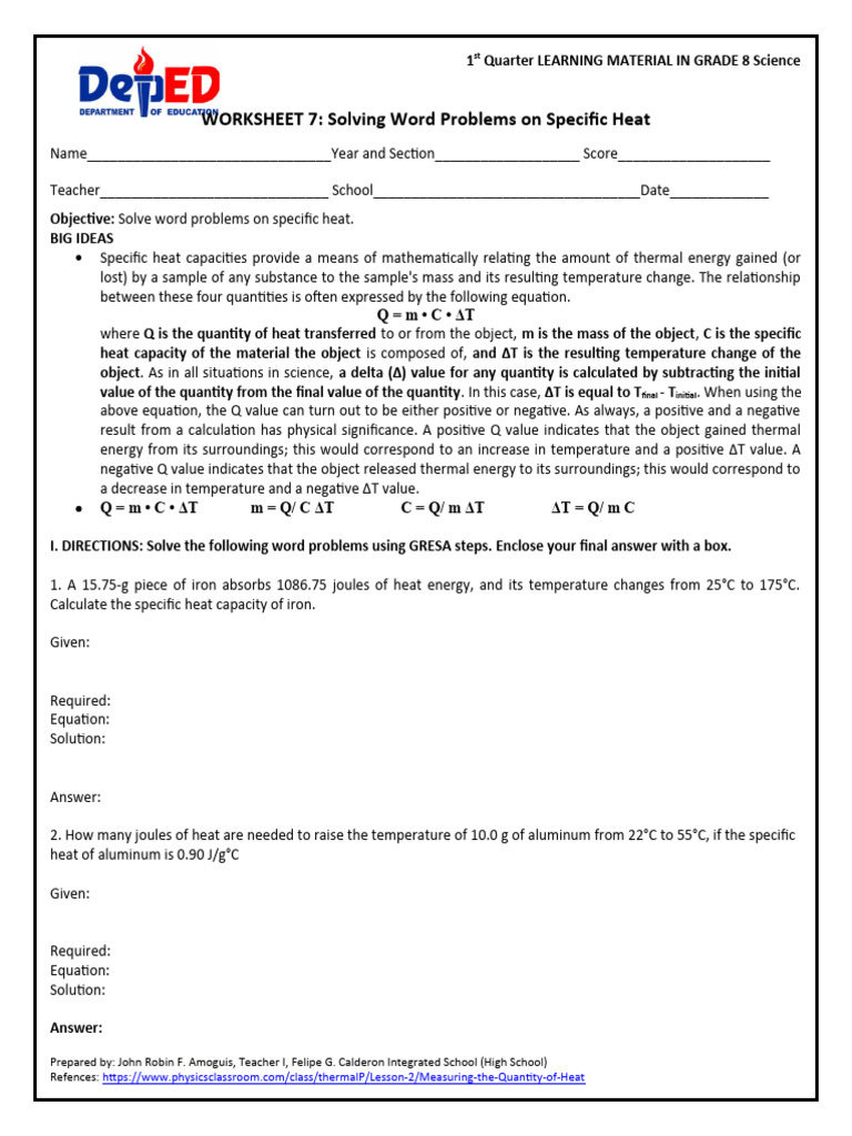 Specific Heat Problem Solving Guide | PDF | Heat | Quantity