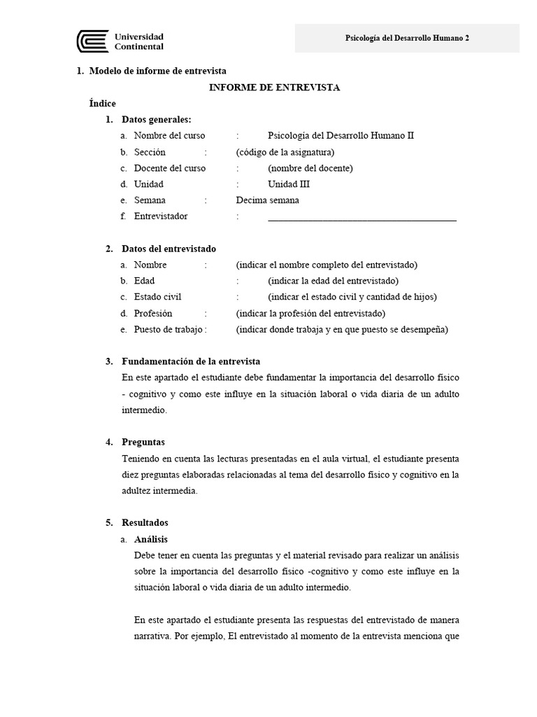 Guía Práctica #10 - 2023 Modelo de Informe de Entrevista | PDF | Adultos | Sicología
