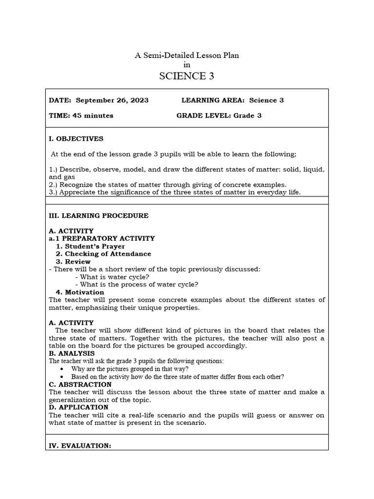 Semi-Detailed Lesson Plan (Science-3) | PDF