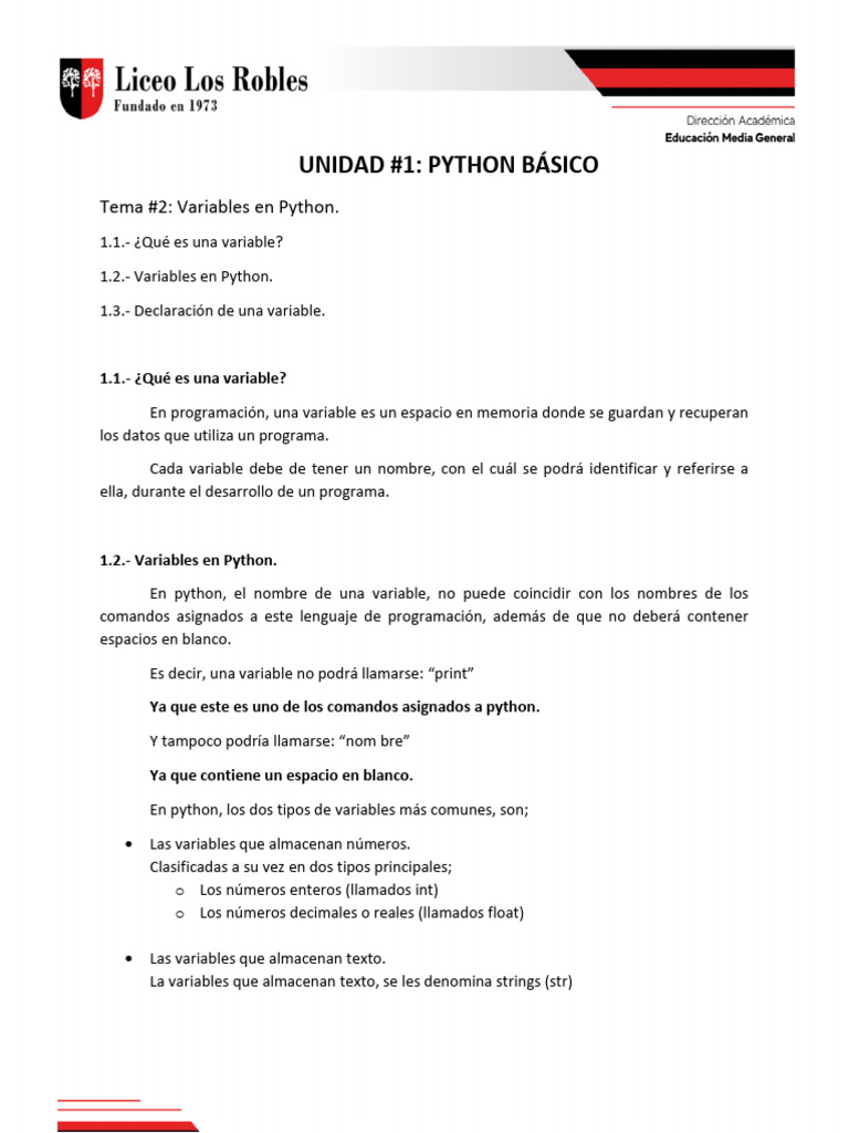 Tema 2 Variables En Python Pdf Python Lenguaje De Programación Variable Informática