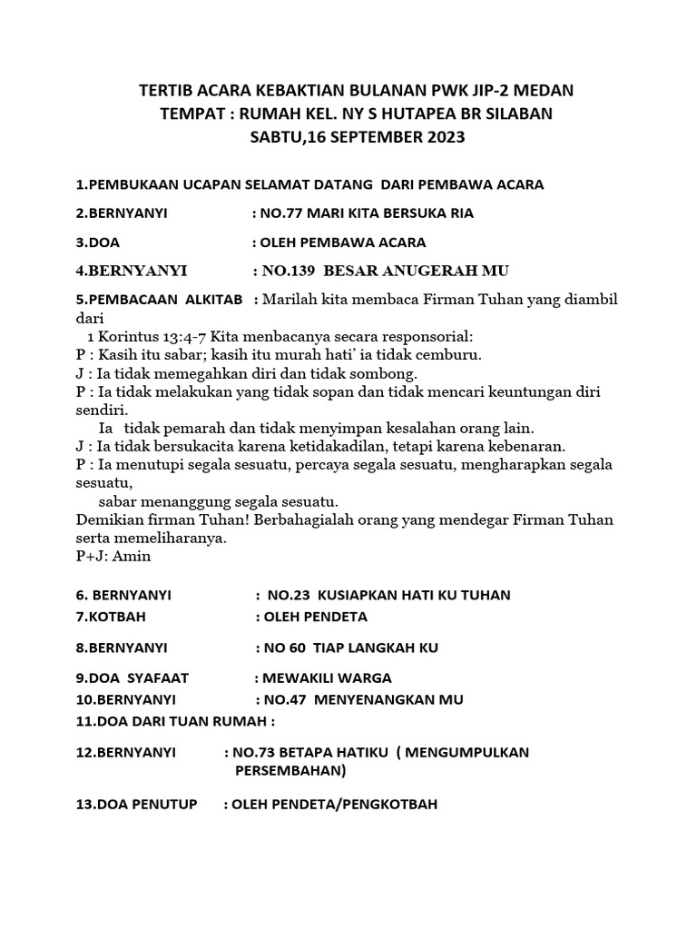 Tertib Acara Kebaktian Pwk Jip 2 16 Sept 2023 | PDF