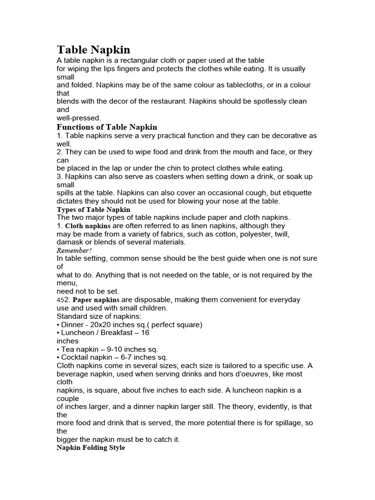 Functions and Types of Table Napkins | PDF | Home & Garden | Art