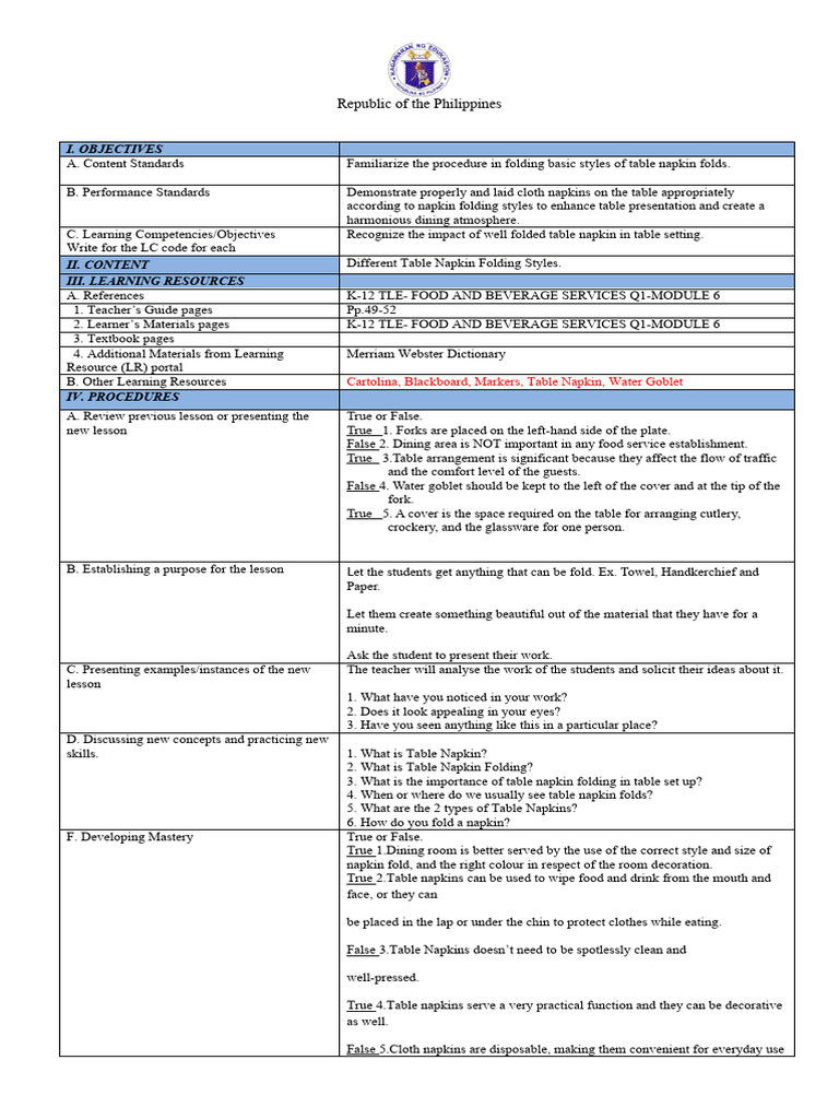 LP-TLE-FBS-Napkin Folding | PDF | Learning | Tableware